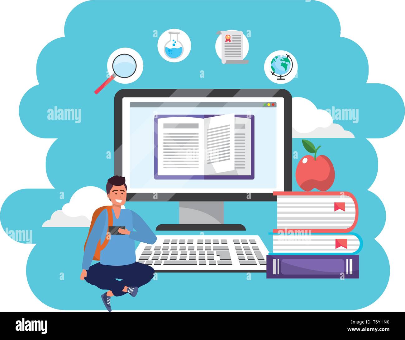 Online education millennial student with backpack sitting computer ...