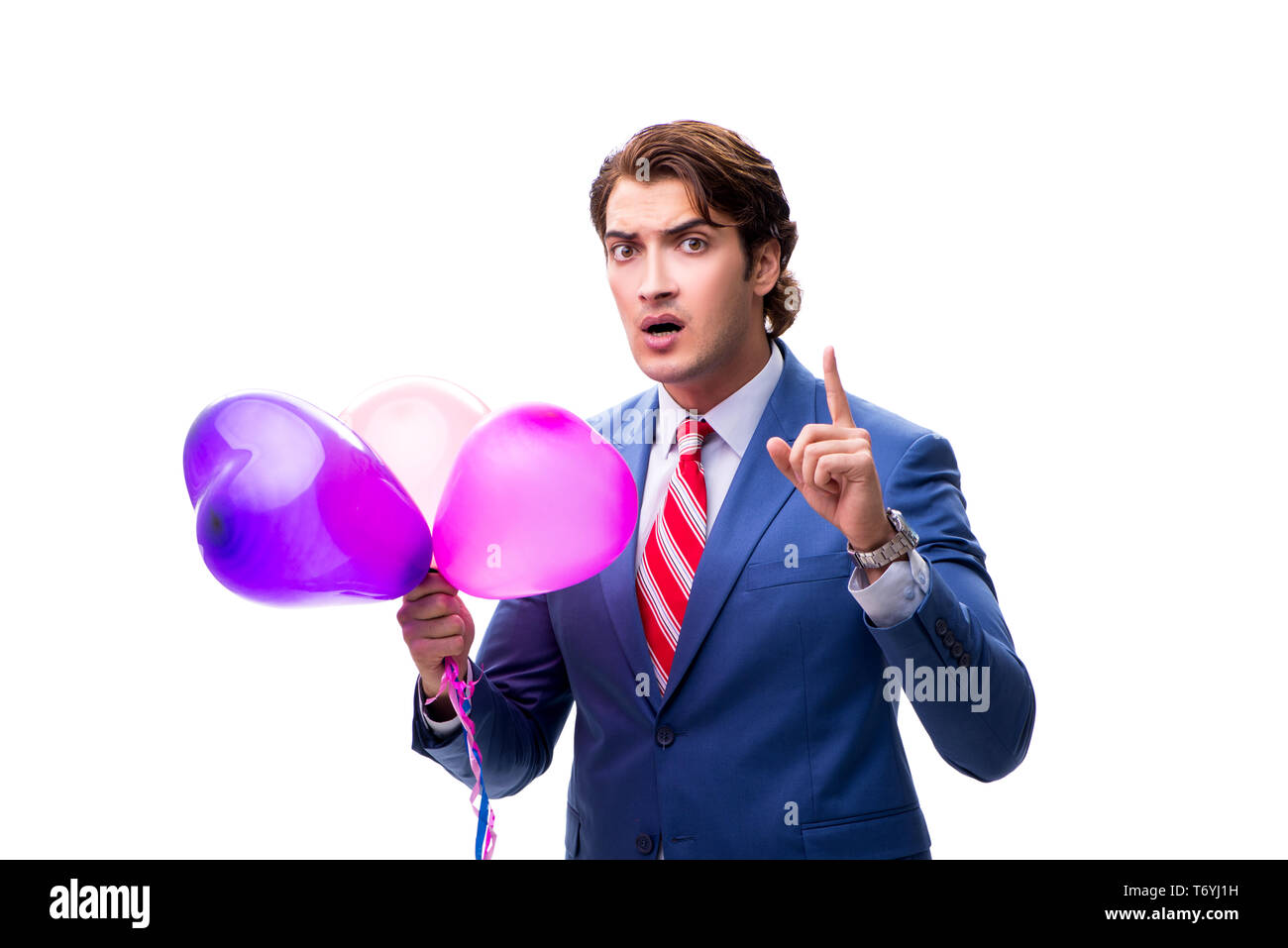 Elegant businessman with balloons isolated on white Stock Photo - Alamy