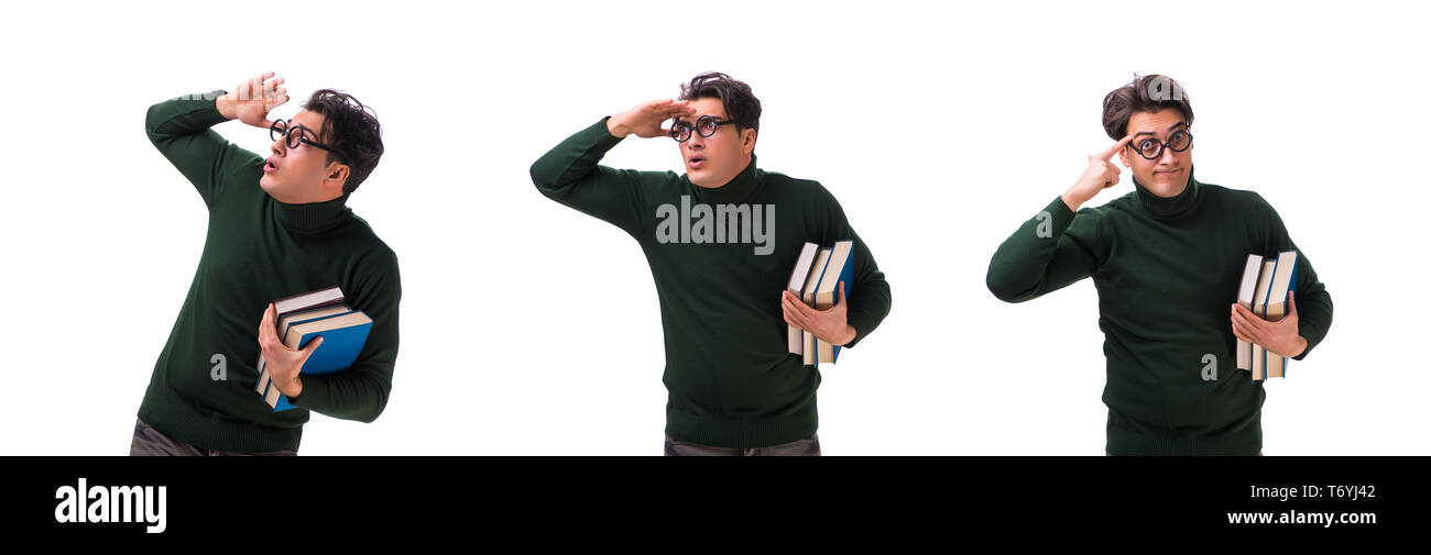 Nerd young student with books isolated on white Stock Photo - Alamy