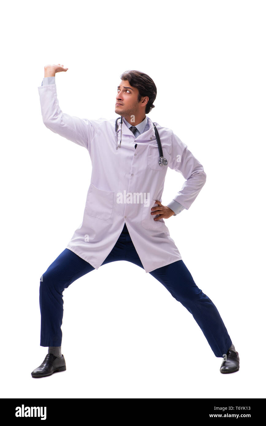 Young handsome doctor under pressure isolated on white Stock Photo - Alamy