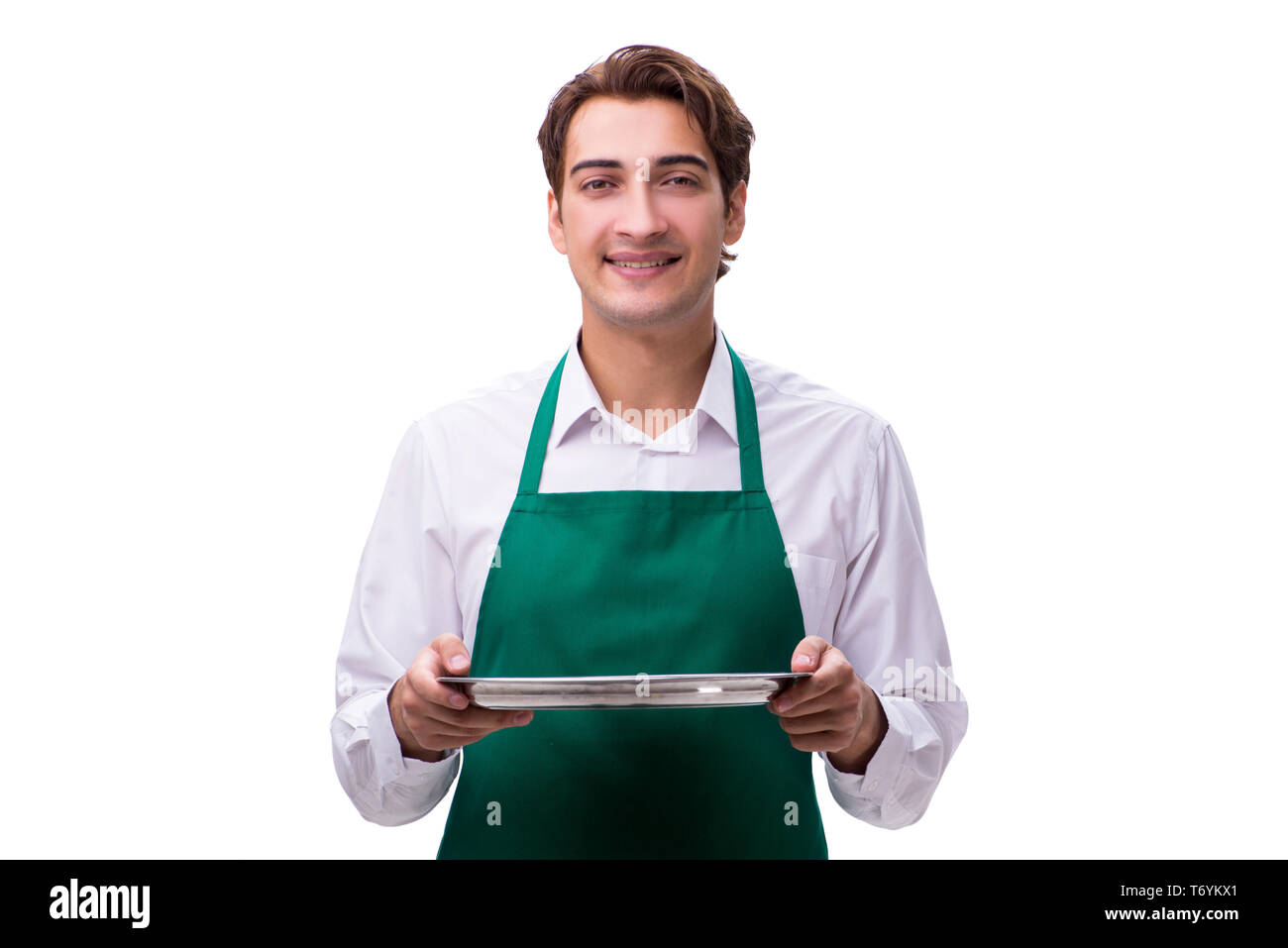 Young waiter isolated on white background Stock Photo - Alamy