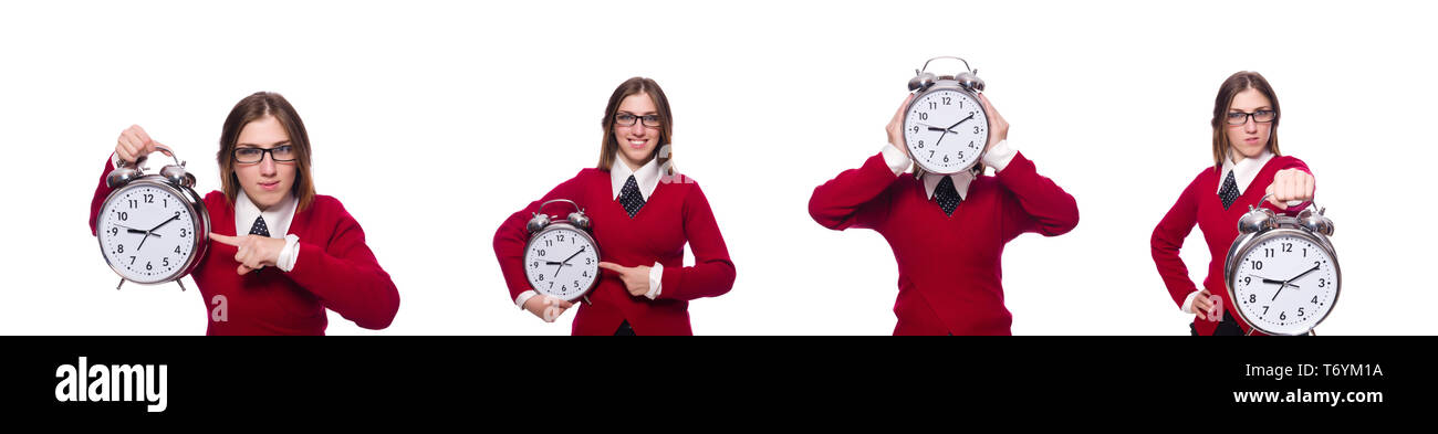 Office worker holding alarm clock isolated on white Stock Photo - Alamy