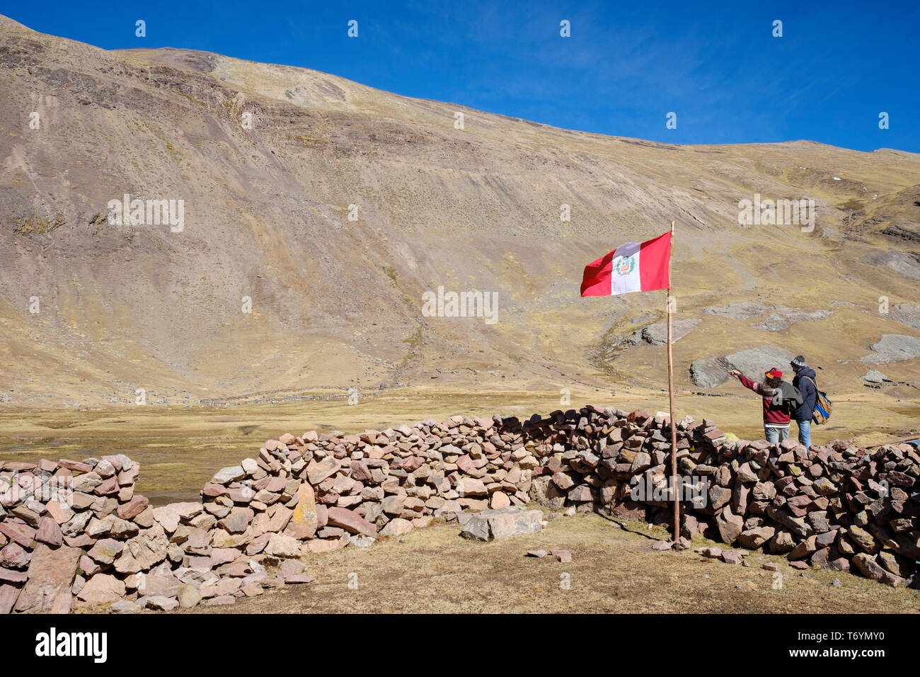 Peruvian flag on the way to the Rainbow Mountain in Los Andes, Peru ...