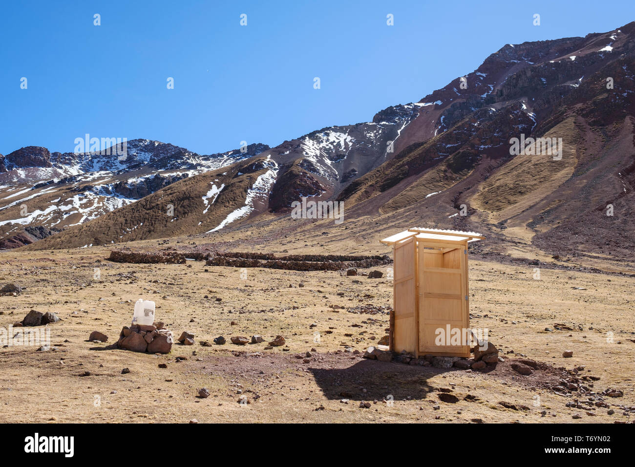 Outdoors toilets on the way to the Rainbow Mountain in Los Andes, Peru ...