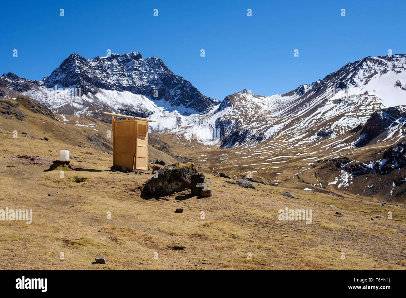 Outdoors toilets on the way to the Rainbow Mountain in Los Andes, Peru ...