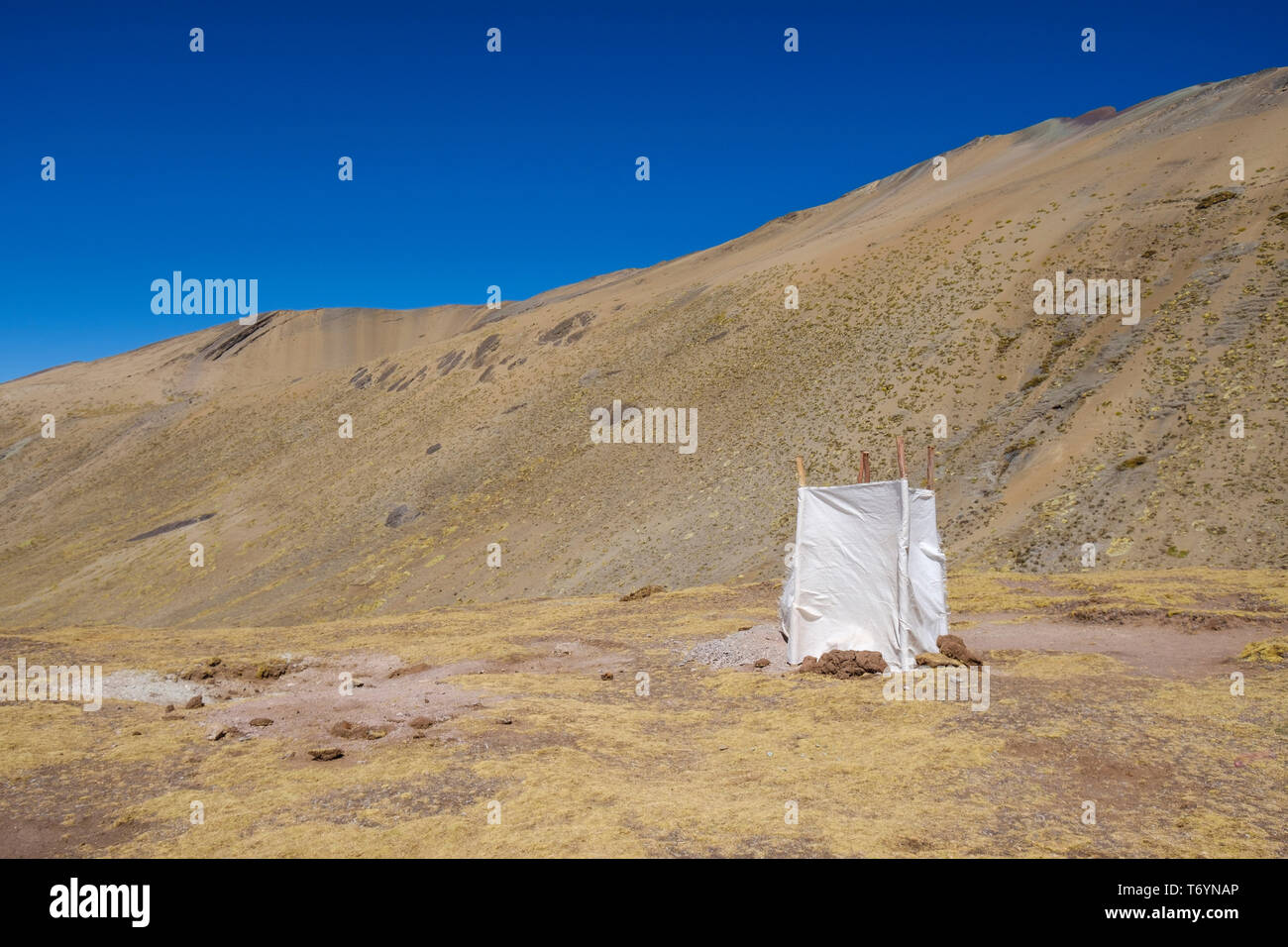 Outdoors toilets on the way to the Rainbow Mountain in Los Andes, Peru ...