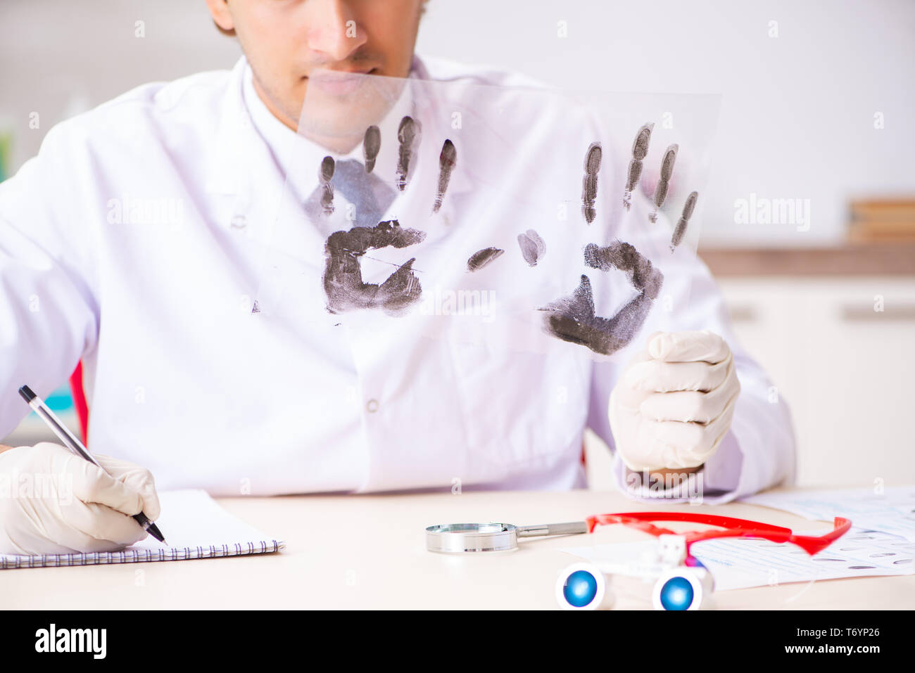 Forensic expert studying fingerprints in the lab Stock Photo - Alamy