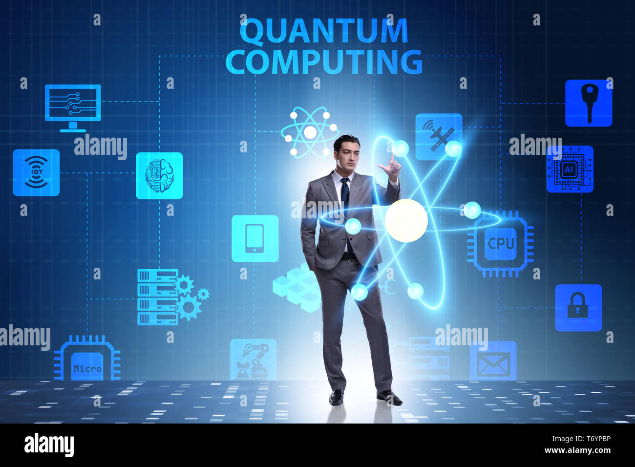 Businessman pressing virtual button in quantum computing concept Stock ...