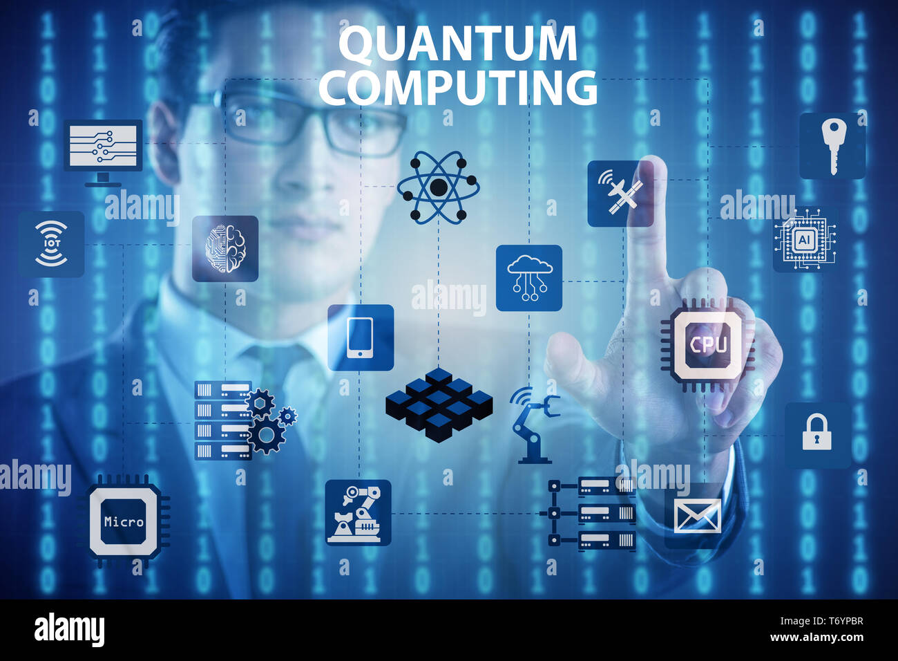 Businessman pressing virtual button in quantum computing concept Stock ...