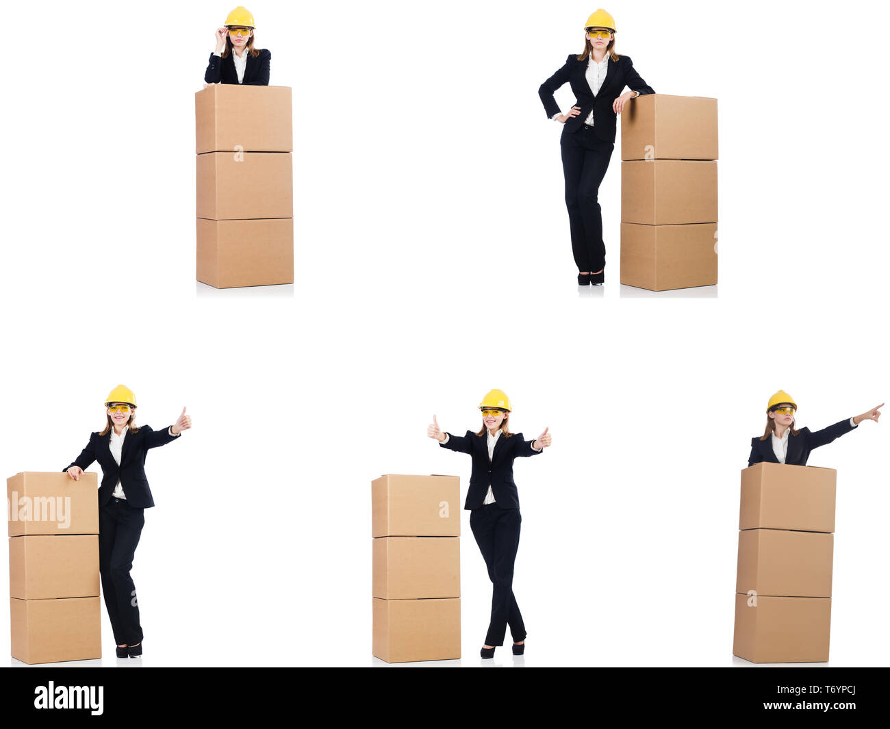 Woman builder with box isolated on white Stock Photo - Alamy