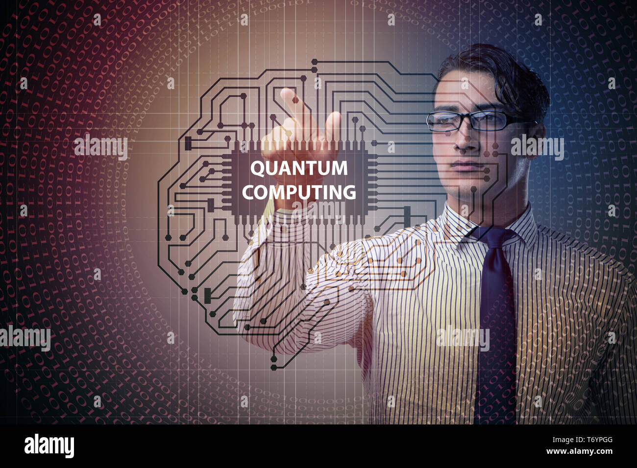 Businessman pressing virtual button in quantum computing concept Stock ...