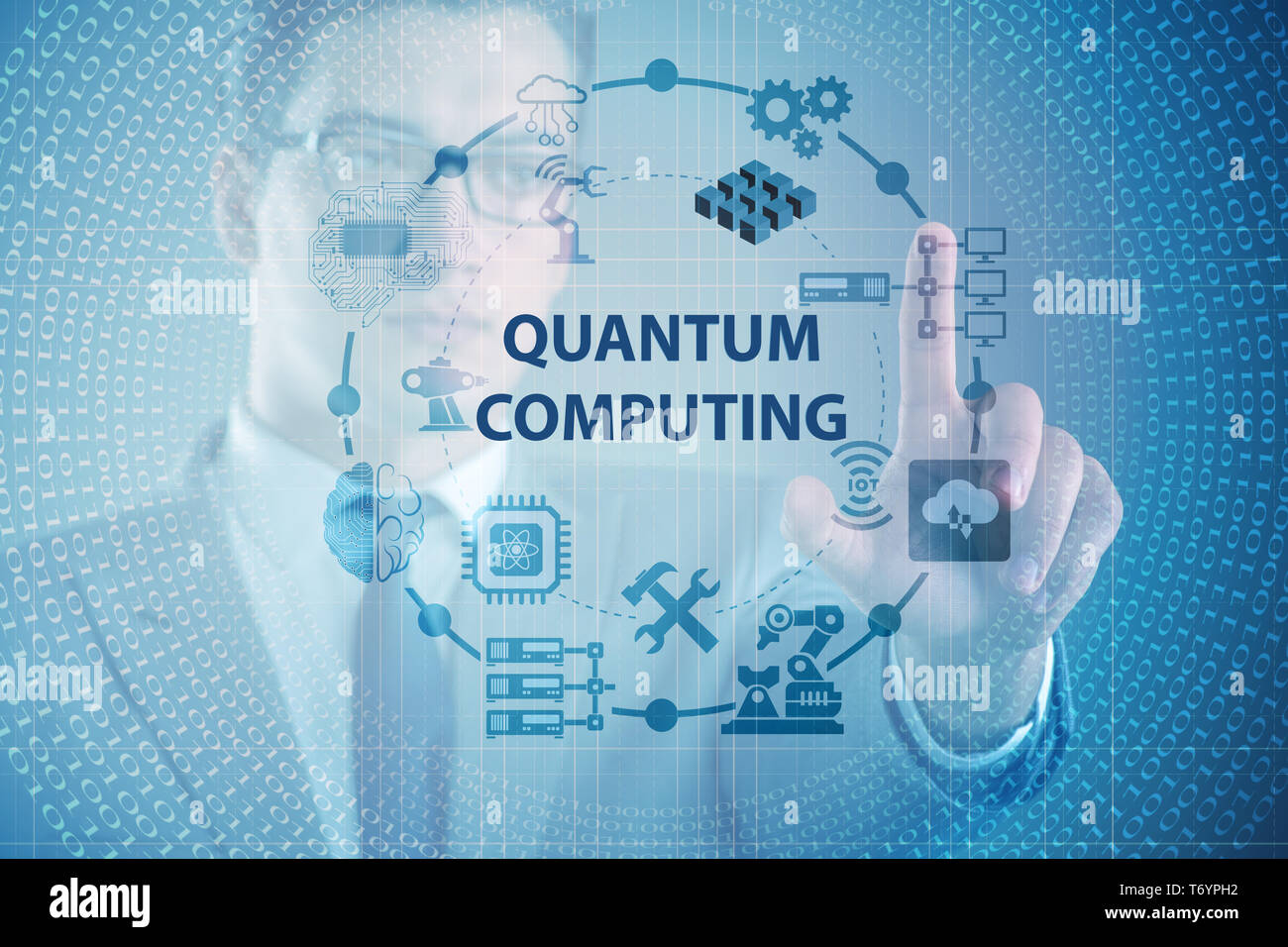 Businessman pressing virtual button in quantum computing concept Stock ...