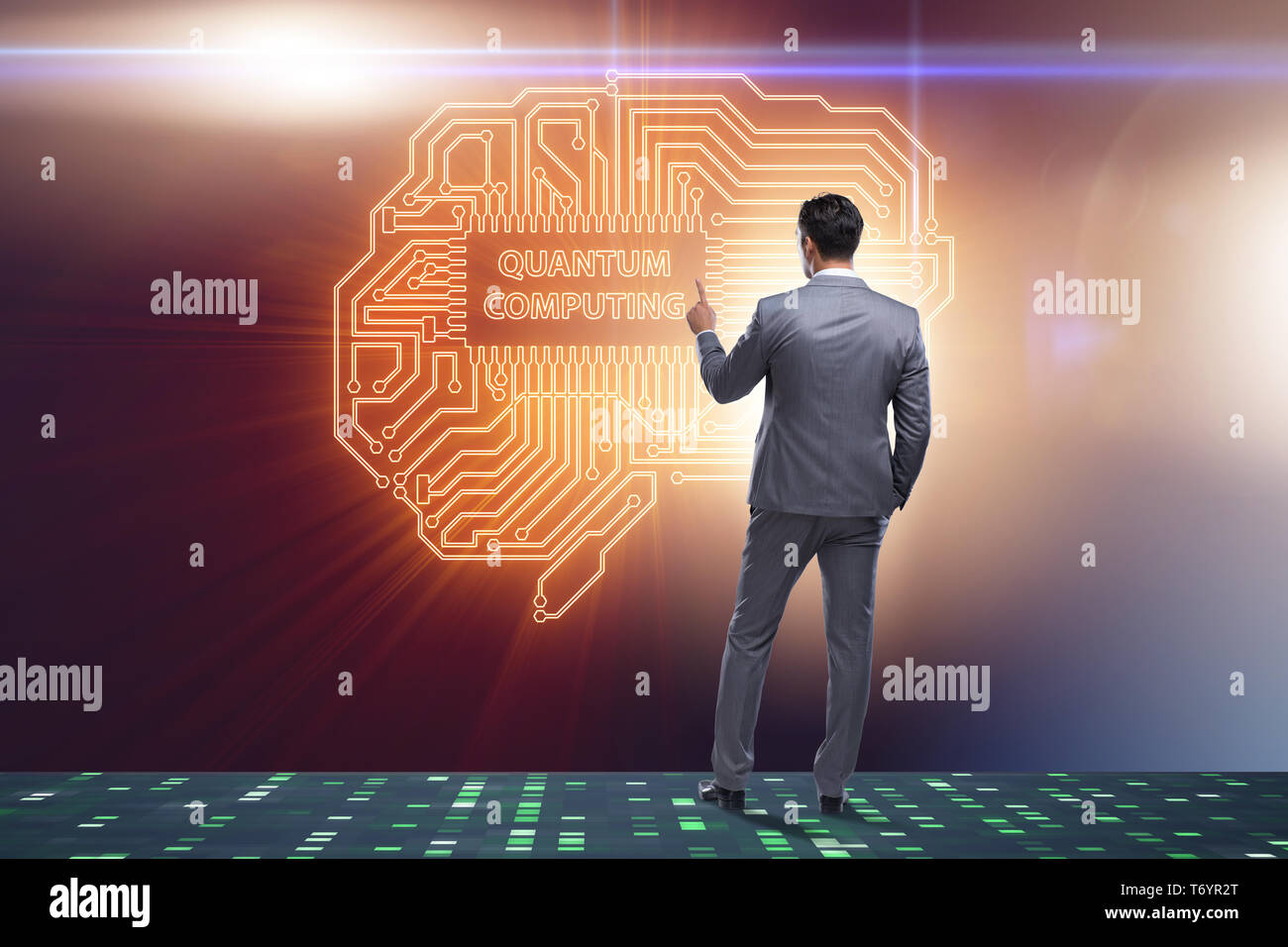 Businessman pressing virtual button in quantum computing concept Stock ...