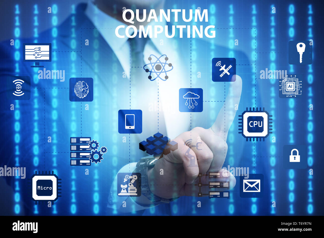 Businessman pressing virtual button in quantum computing concept Stock ...