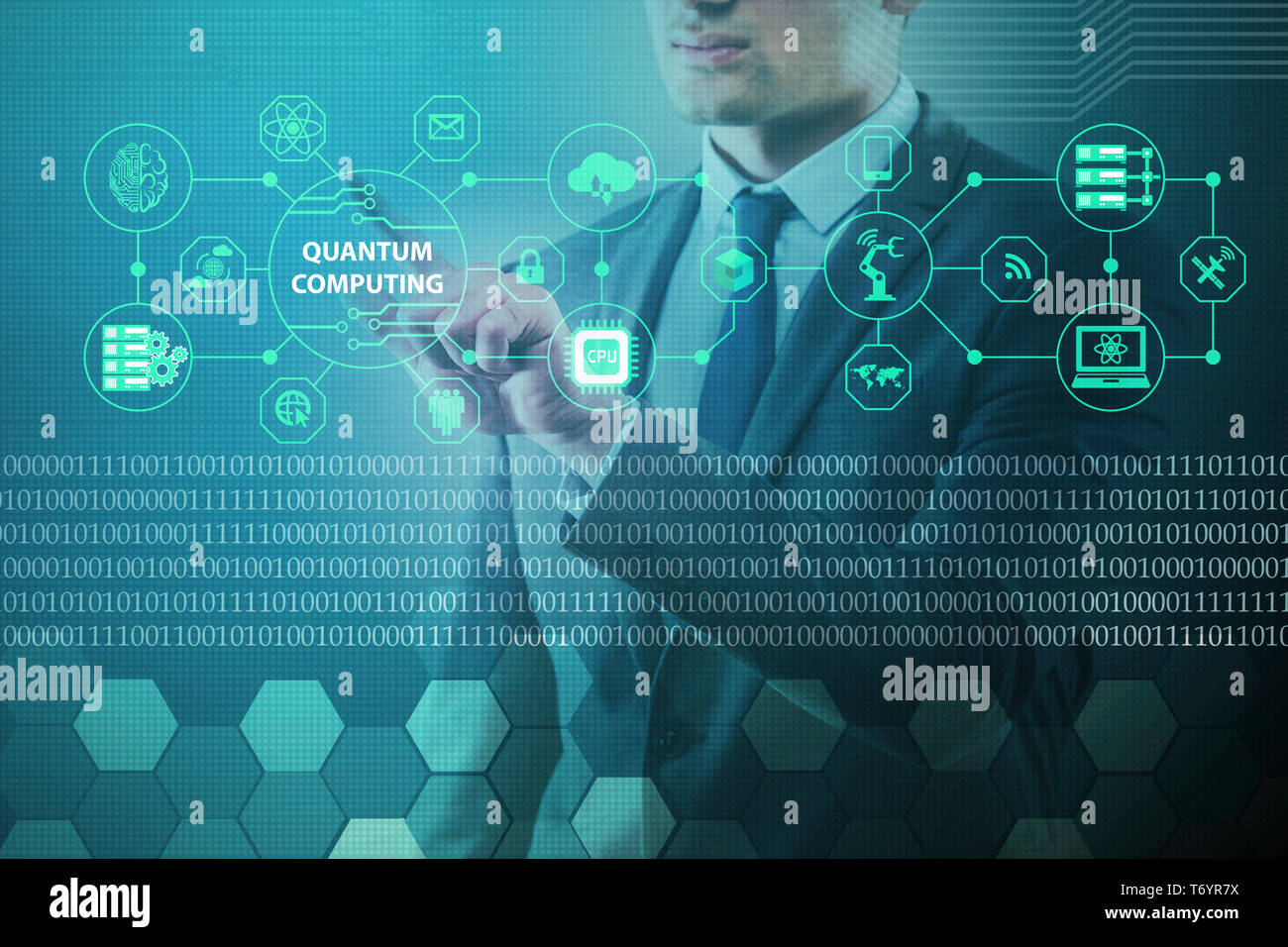 Businessman pressing virtual button in quantum computing concept Stock Photo - Alamy