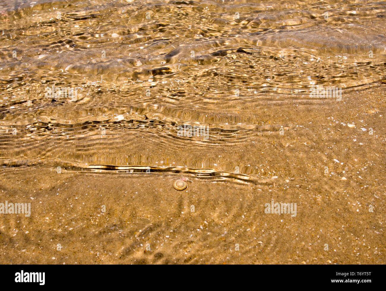 Reflection of sunlight on the moving sea water surface, sand beach and ...