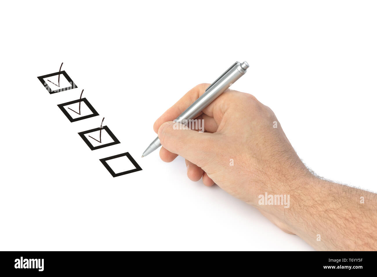 Hand with pen and check boxes Stock Photo - Alamy