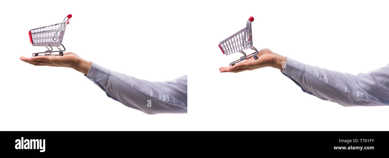 Hand holding shopping cart isolated on white Stock Photo - Alamy