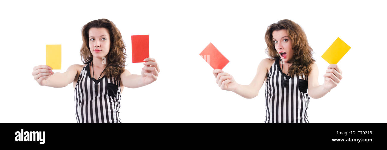 Woman referee with card on white Stock Photo - Alamy
