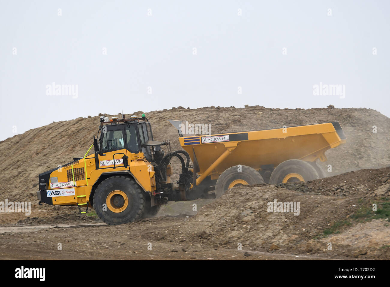 An automated driverless dumper truck during testing for the first time ...