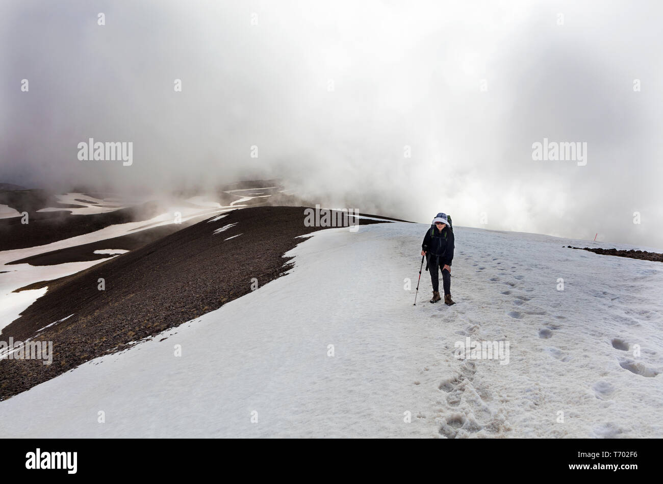 A tourist woman with a backpack on her back and a tracking stick in her ...