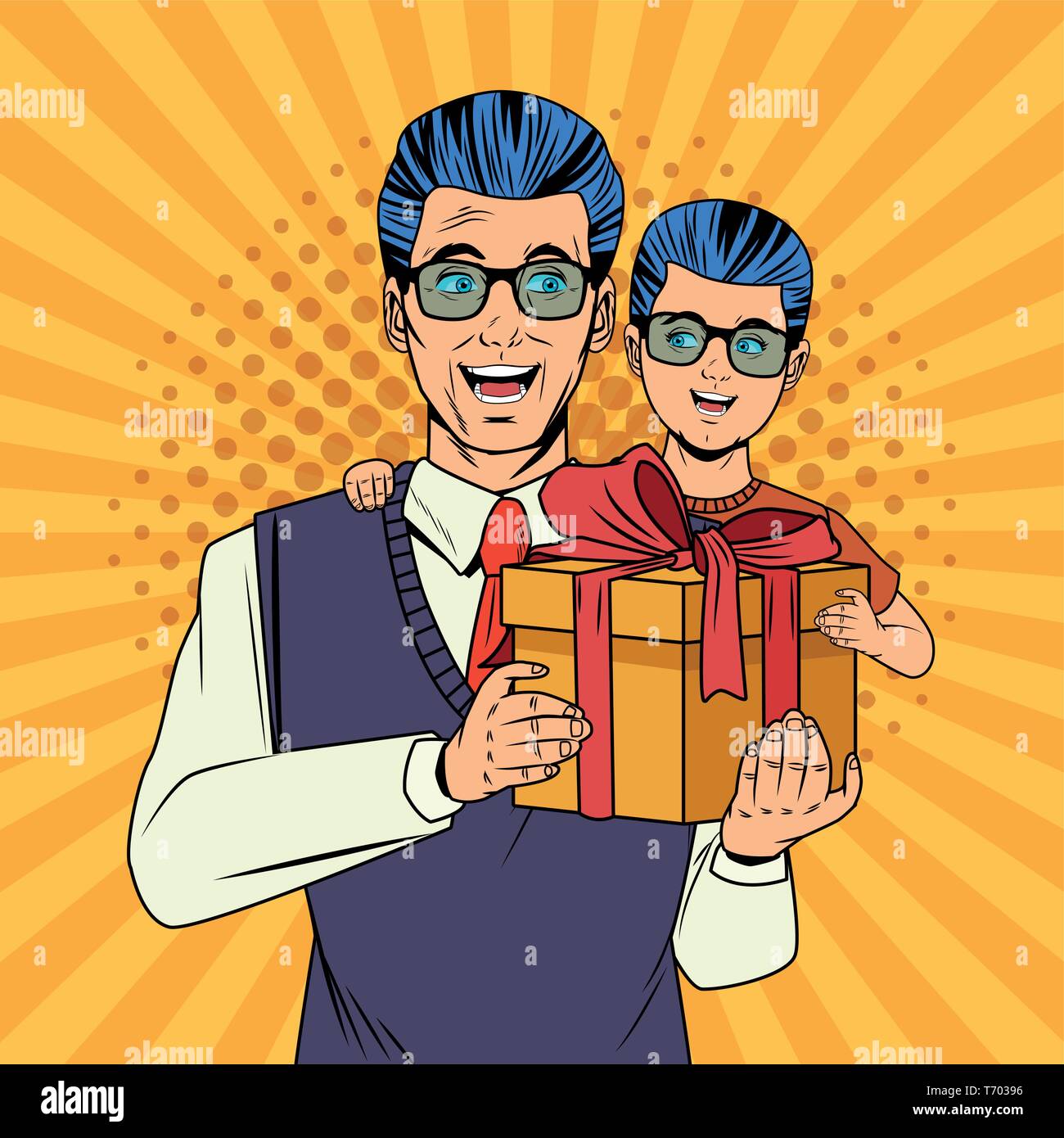 Pop art father and son with gift box cartoon Stock Vector Image & Art ...