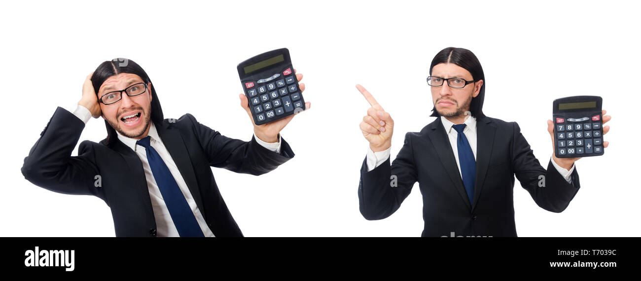 Man with calculator isolated on white Stock Photo - Alamy