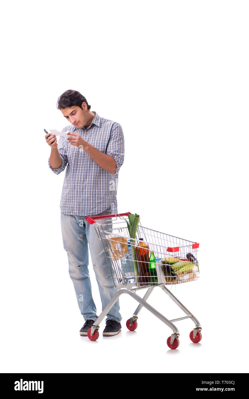 Young man with supermarket cart trolley on white Stock Photo - Alamy