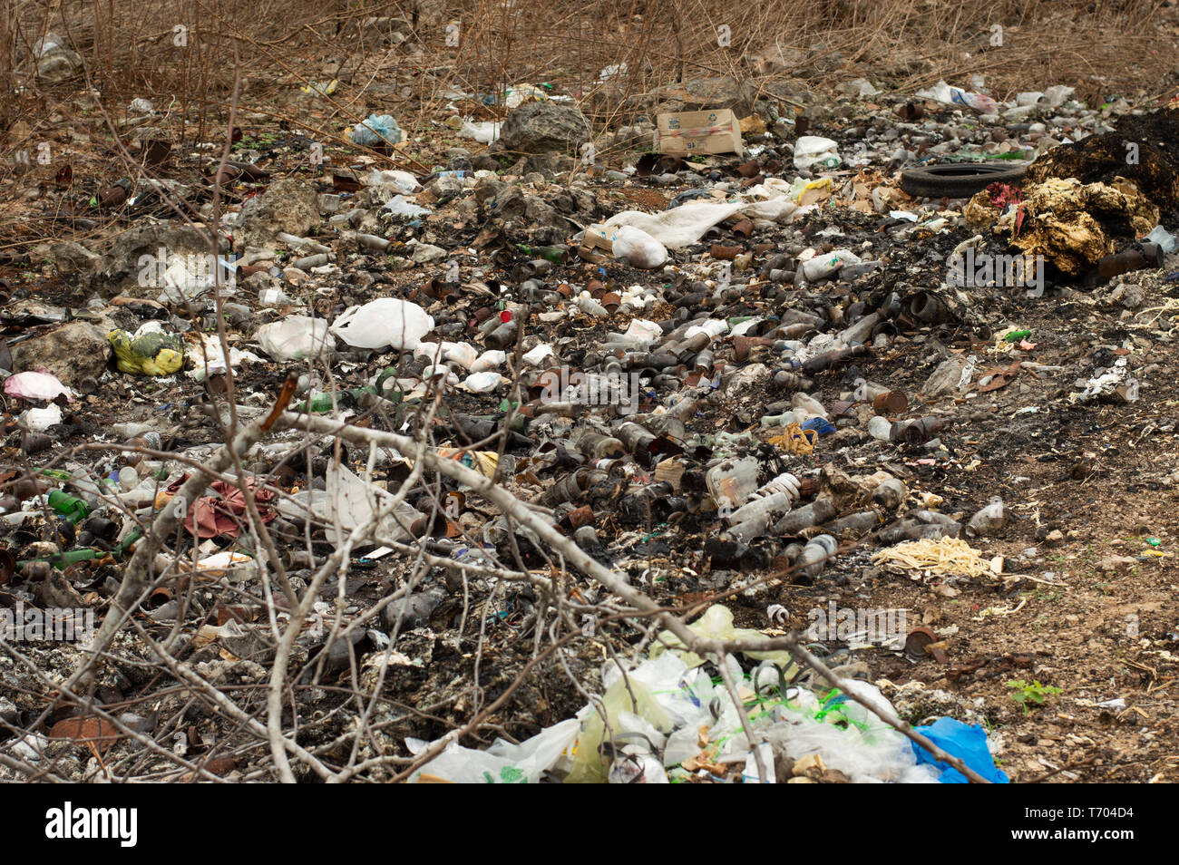 Dump on the side of the road in Yucatan, Mexico. We can see glass ...