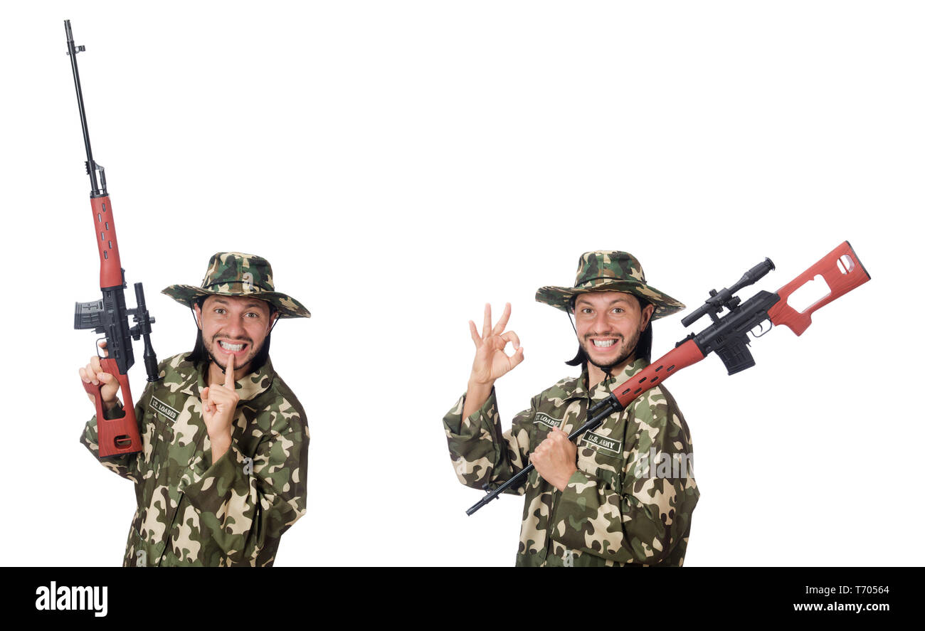 Soldier with weapons isolated on white Stock Photo - Alamy