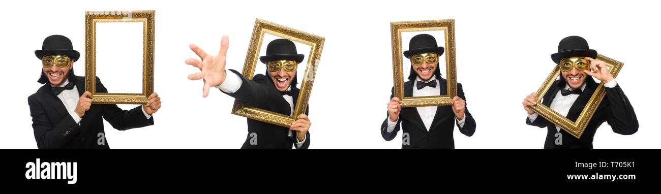 Funny man with picture frame on white Stock Photo - Alamy
