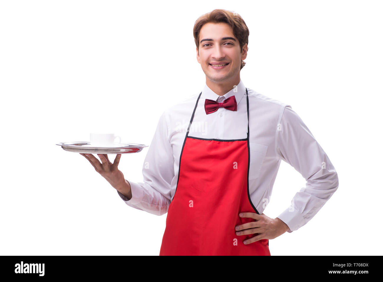 The young waiter isolated on white background Stock Photo - Alamy