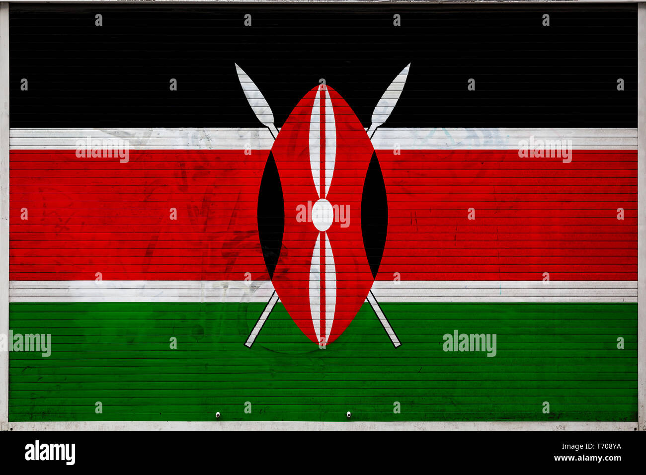 Close-up of old metal wall with national flag of Kenya. Concept of ...
