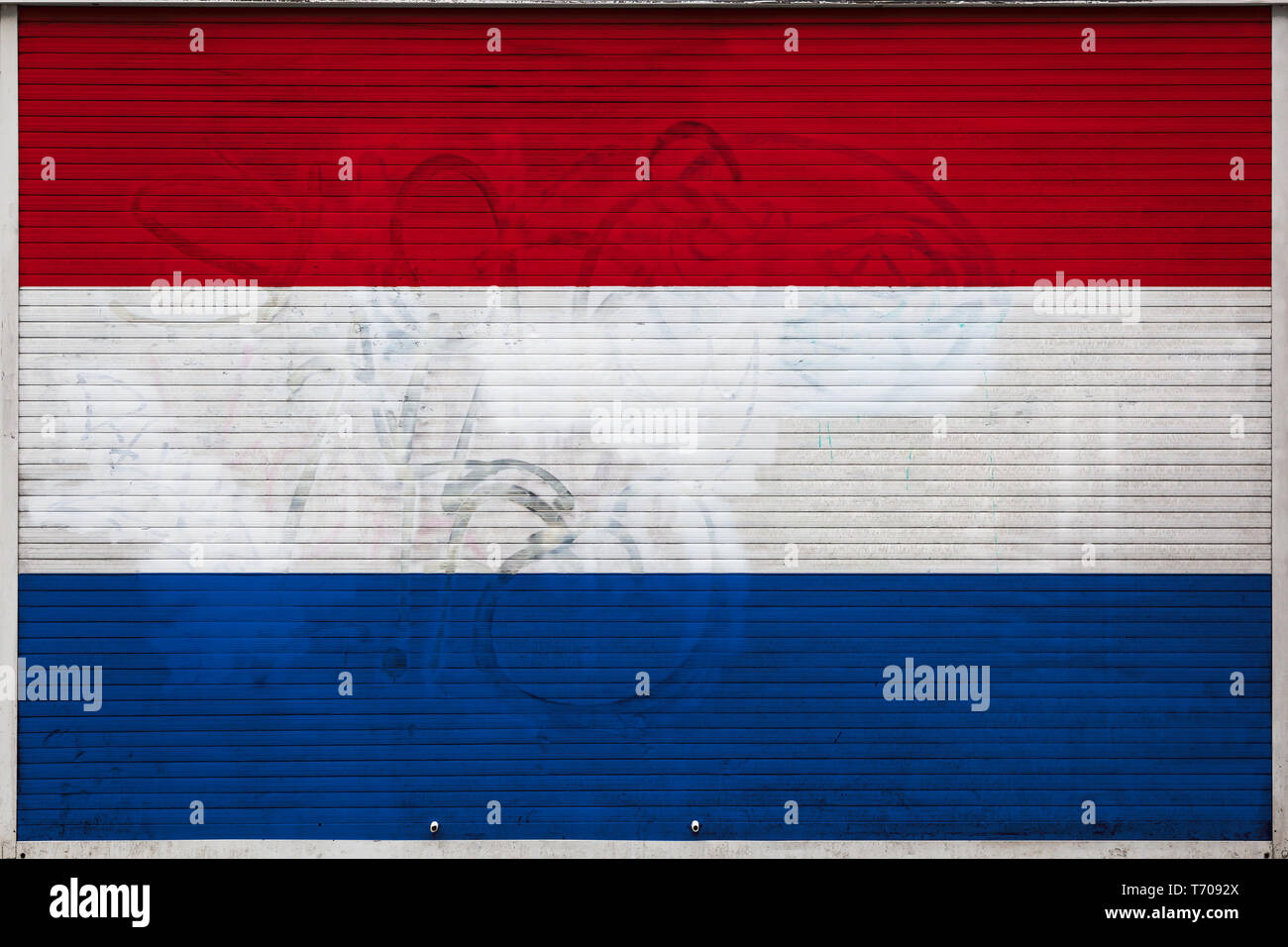Close-up of old metal wall with national flag of Netherlands. Concept ...