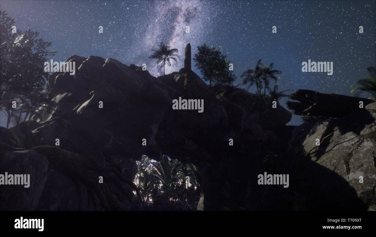 An unrealistic night landscape through a cave with milky way Stock ...