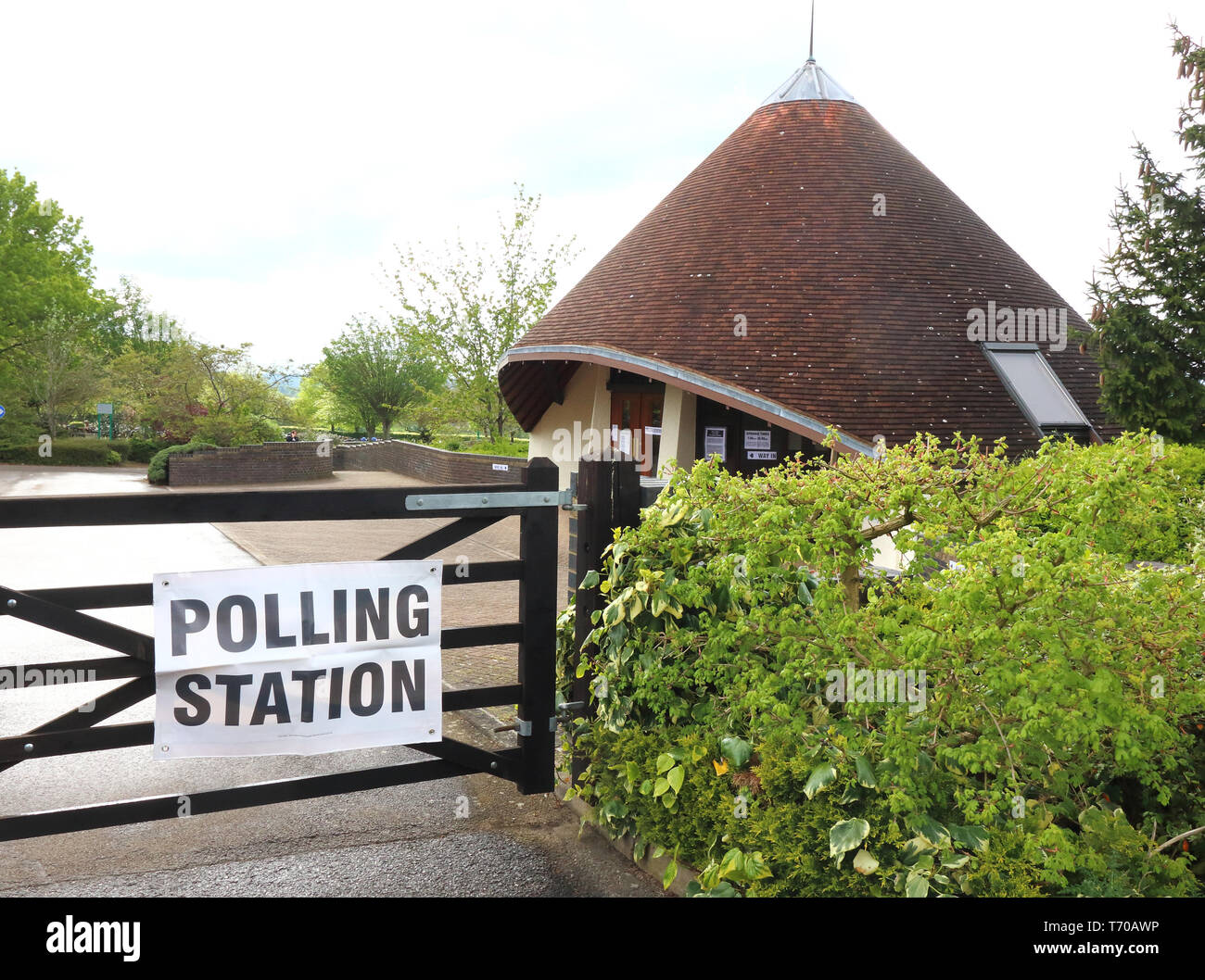 Polling signs seen at a building at a cemetery in Stevenage used as a ...
