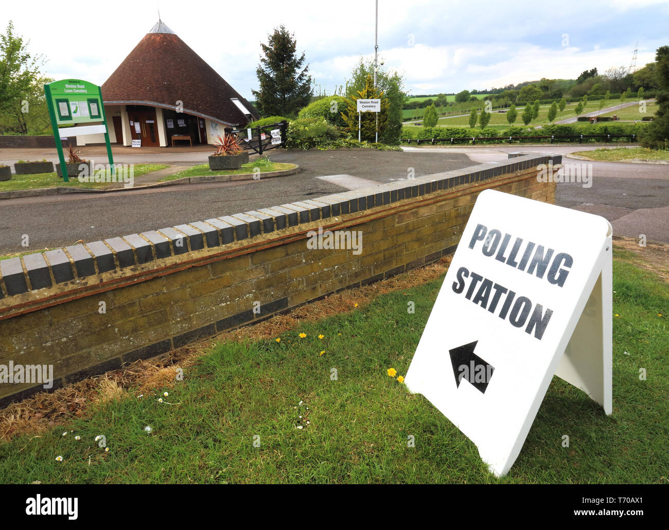 A polling signs seen next to a cemetery in Stevenage used as a Polling ...