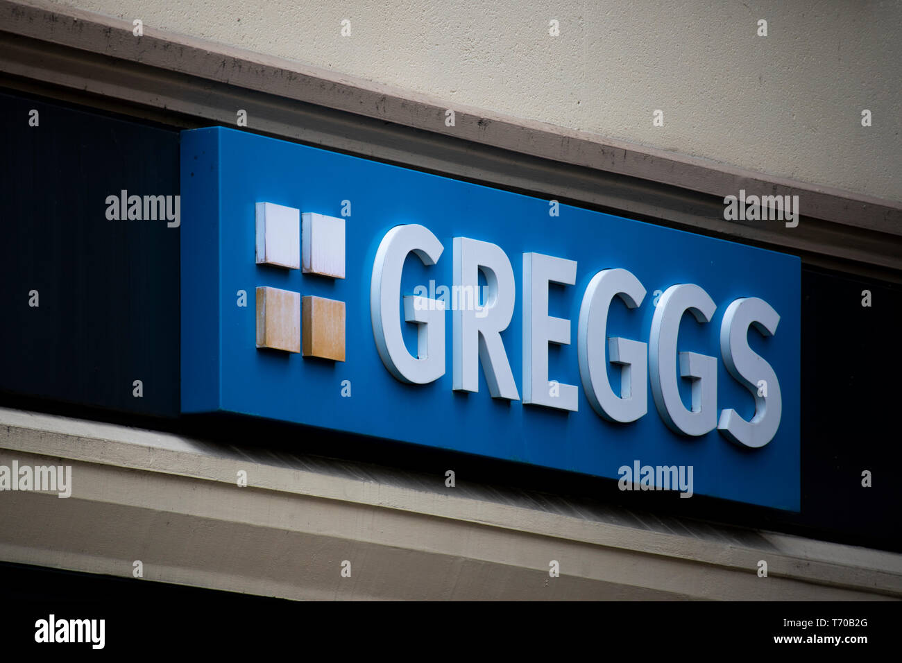 Greggs sign over retail premises, largest bakery chain in the UK ...