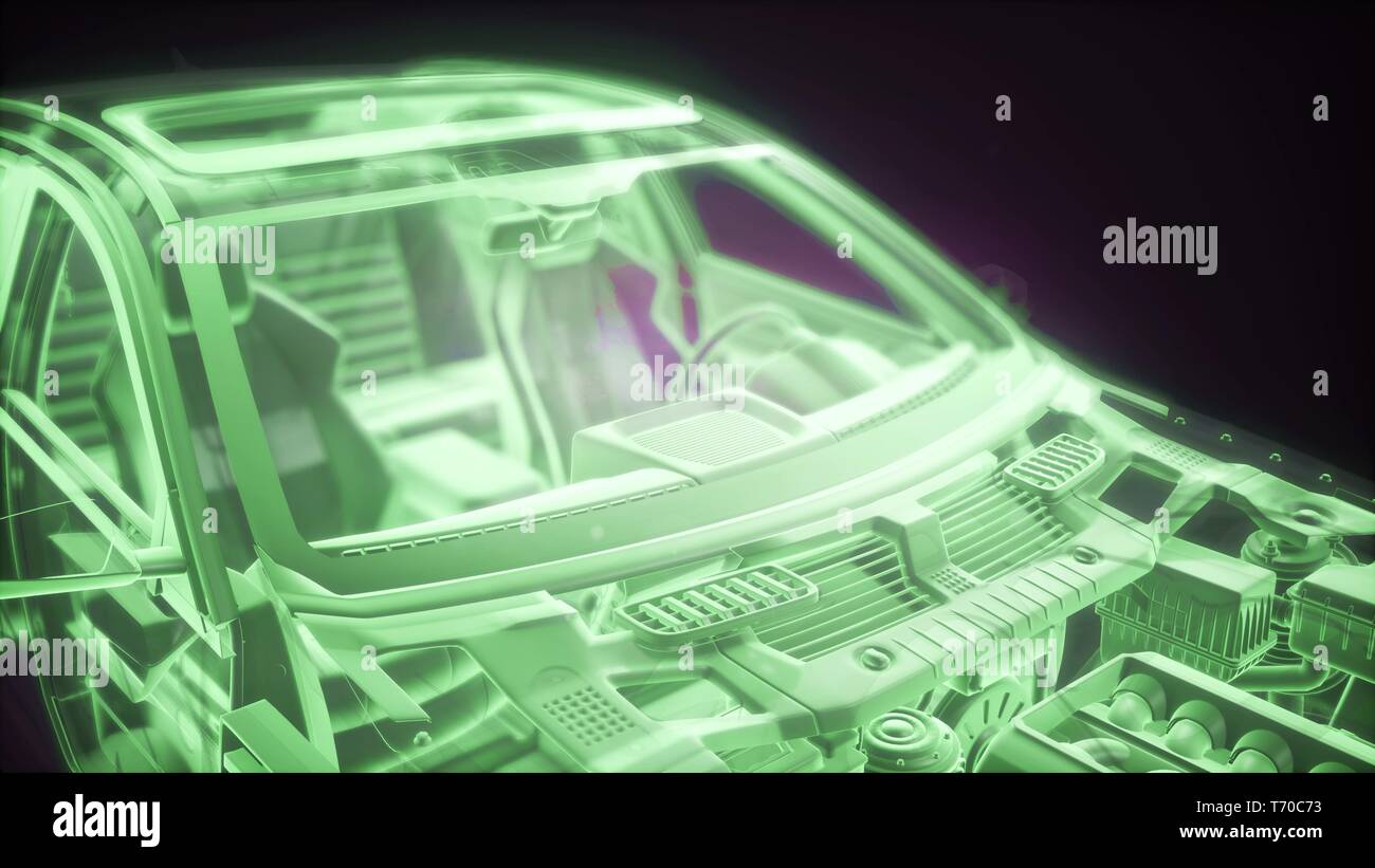 Holographic animation of 3D wireframe car model with engine Stock Photo ...