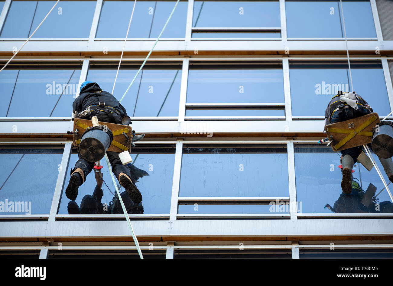 Window washers men in special equipment with tools and safety ropes ...