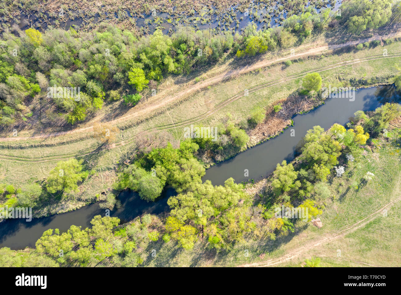 aerial top view of spring landscape with green trees and river Stock ...