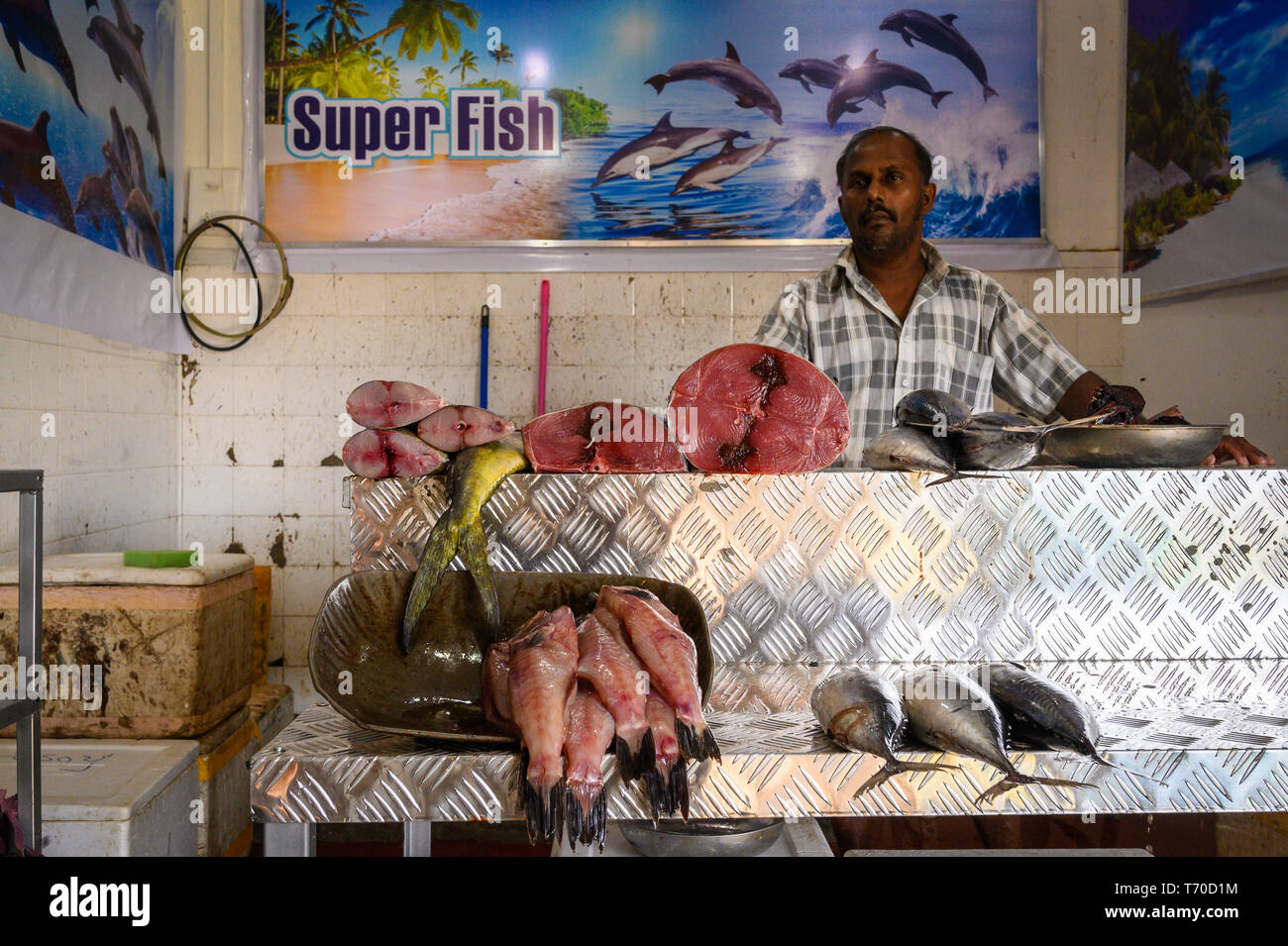 Fishmonger at his stand in Kandy Municipal Central Market, Kandy, Sri ...