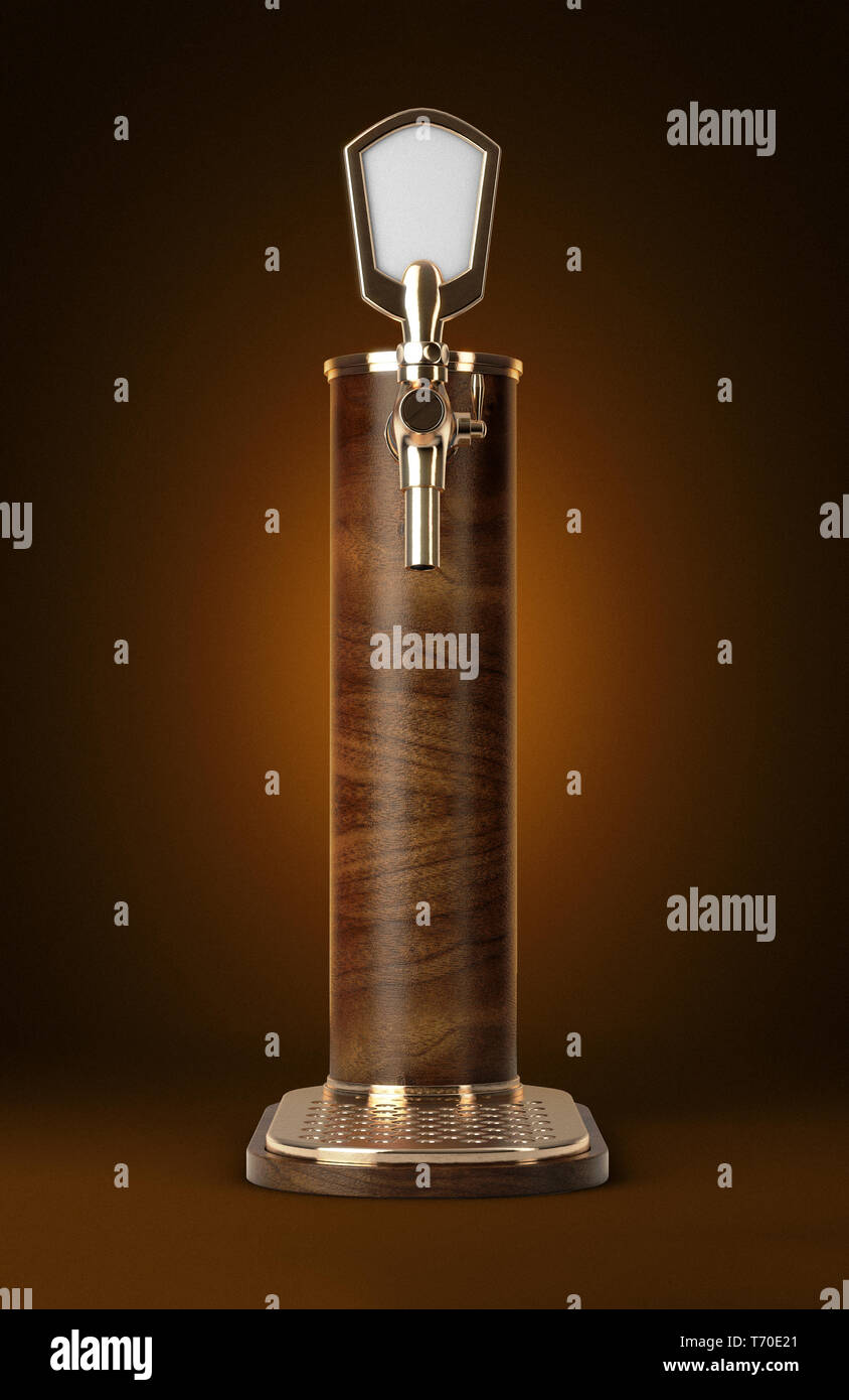 A concept wooden draught beer tap with brass fittings on an isolated ...