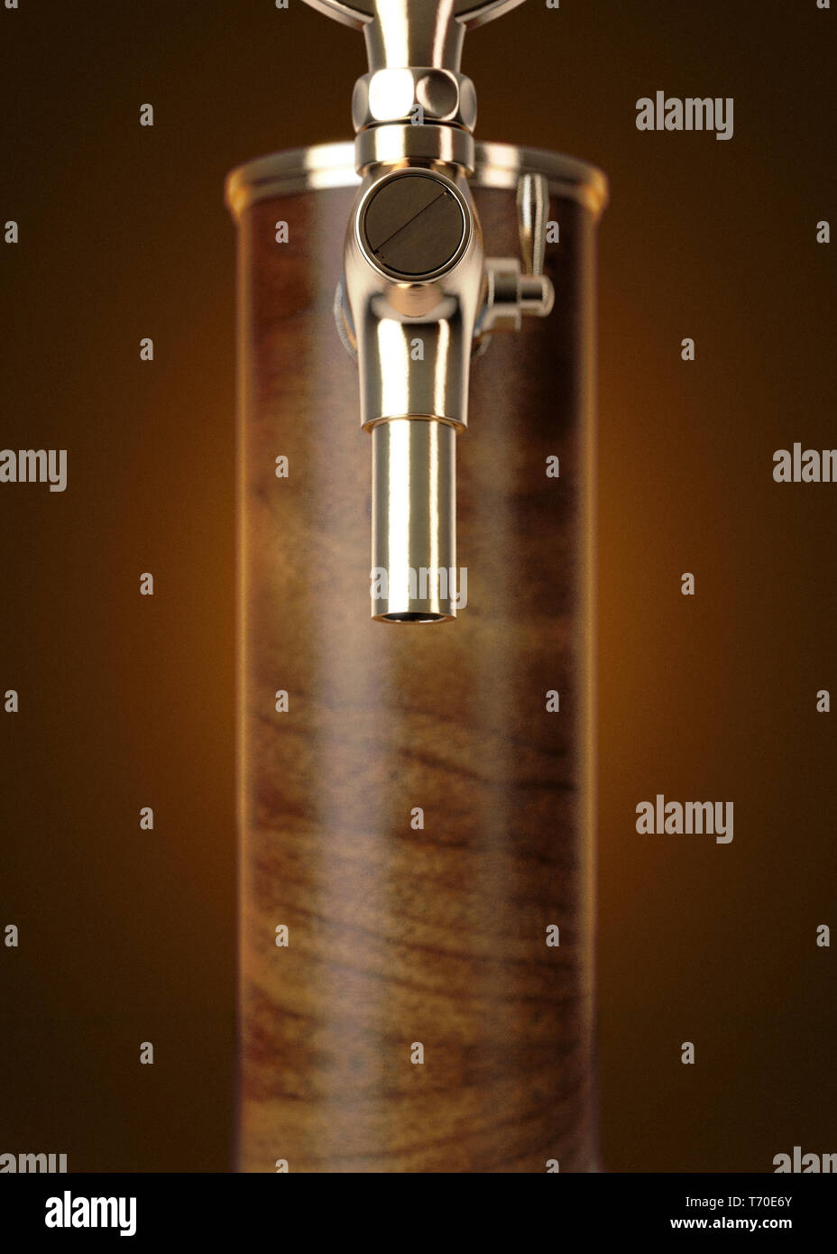 A concept wooden draught beer tap with brass fittings on an isolated ...