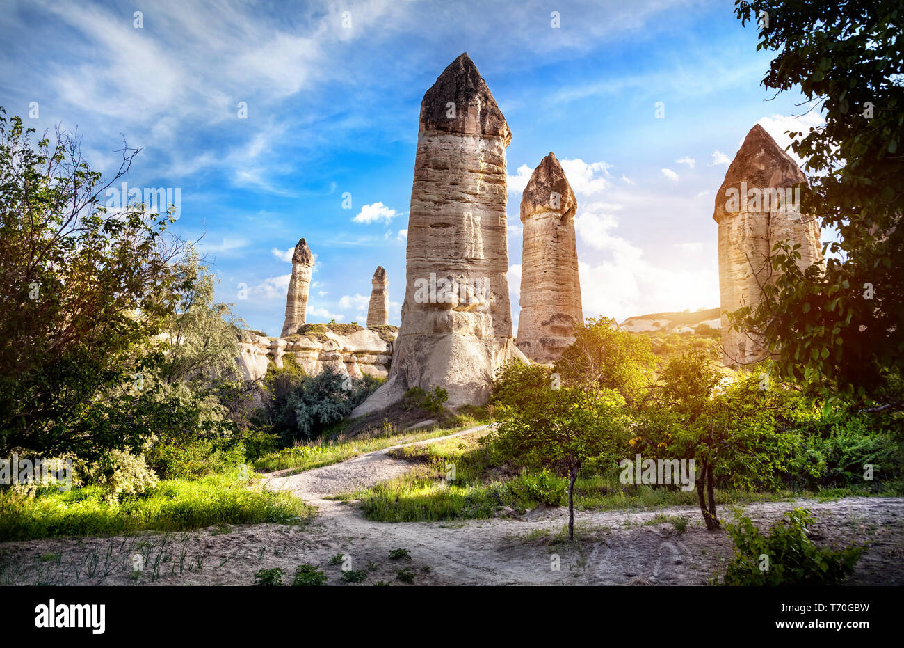 Ancient geological formation called fairy chimneys at sunset in ...