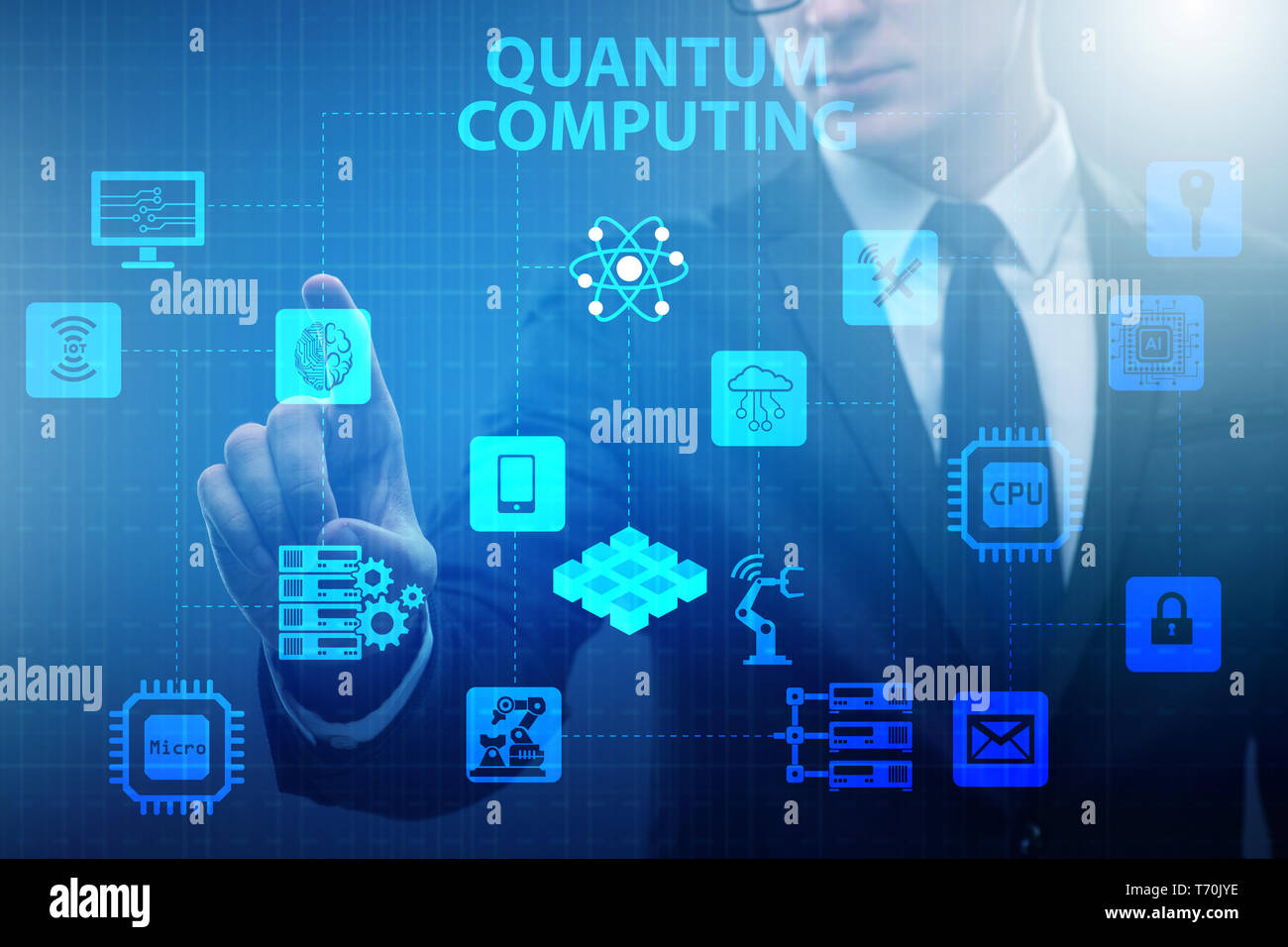 Businessman pressing virtual button in quantum computing concept Stock ...