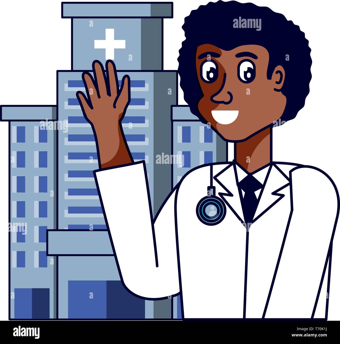 afro doctor professional with hospital facade vector illustration ...
