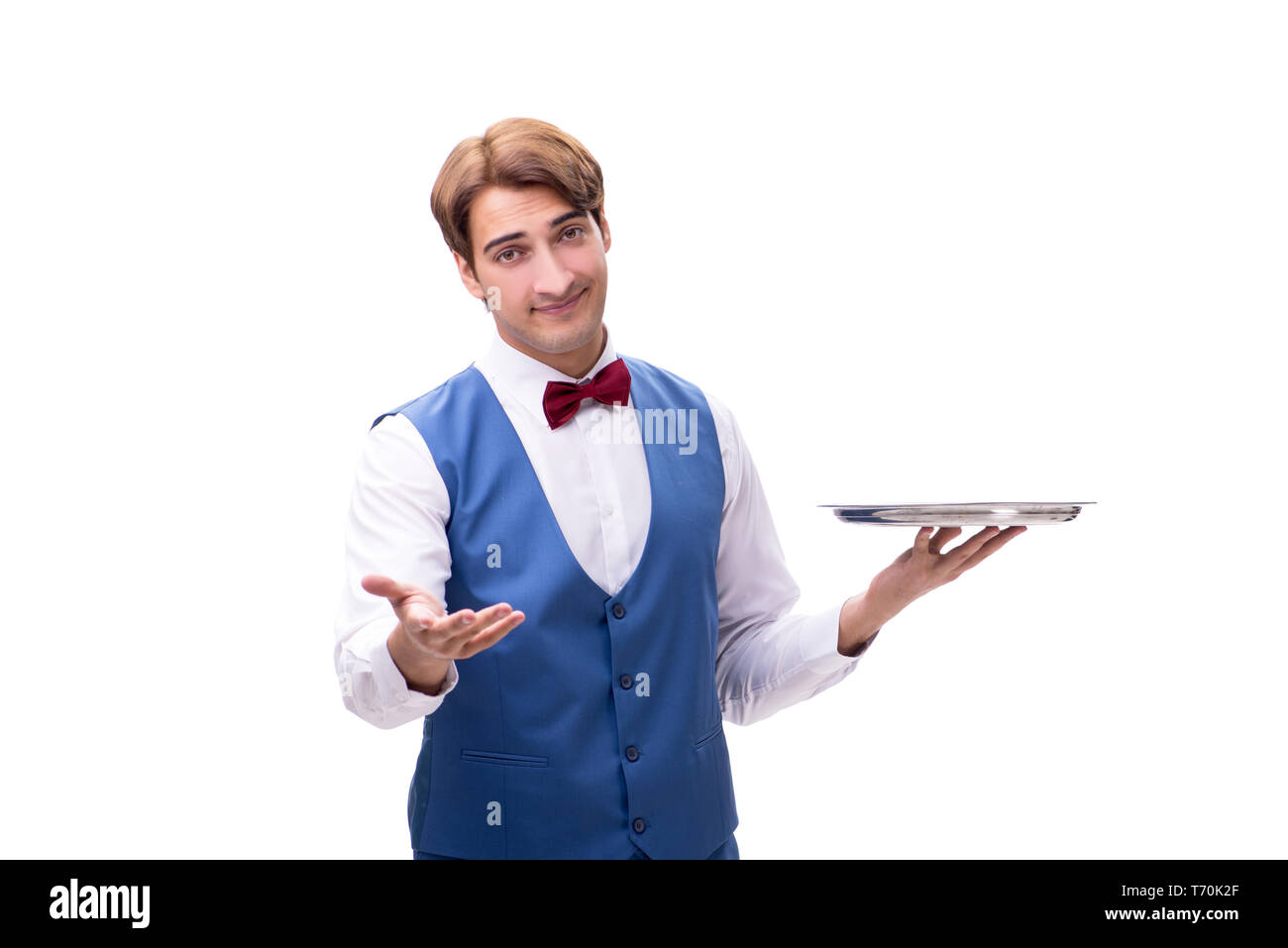 Young waiter isolated on white background Stock Photo - Alamy