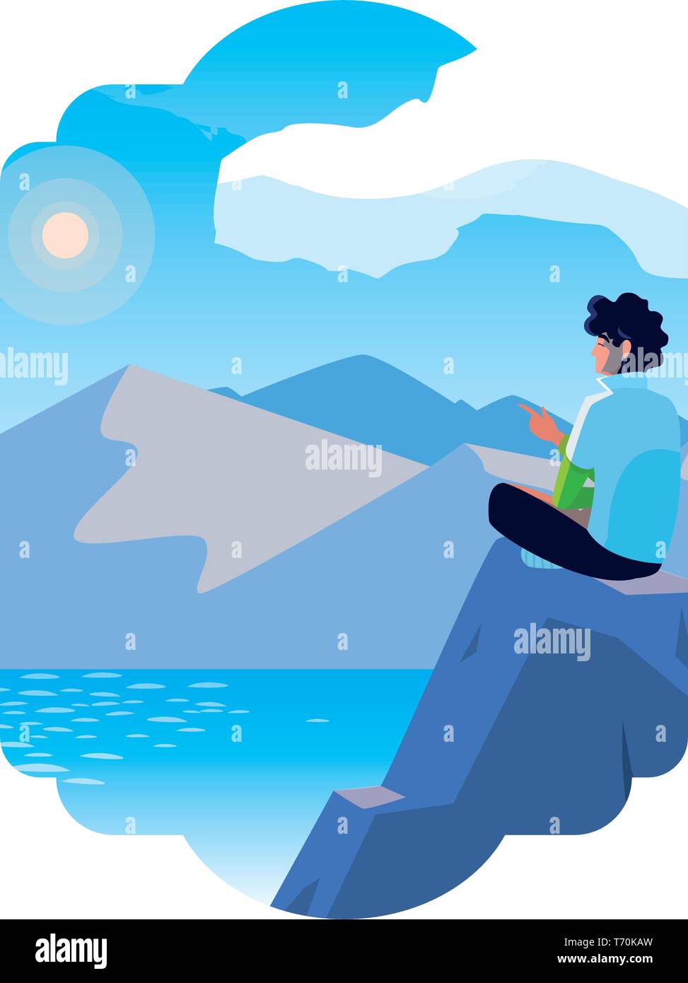 man contemplating horizon in lake and mountains scene vector ...