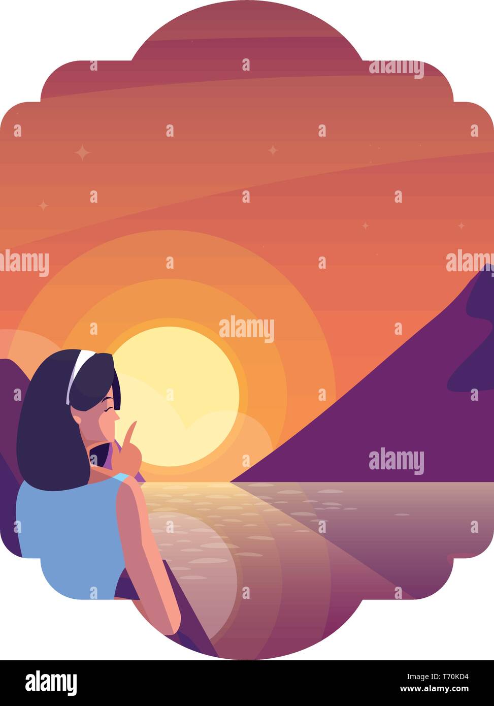 woman contemplating horizon in lake and mountains scene vector ...